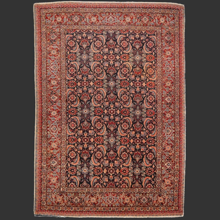 Antique Rug Mahi Design Haji Style Blue and Red Allover For Sale at 1stDibs