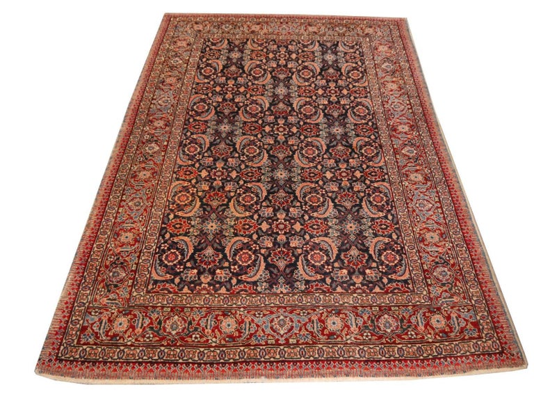Antique Rug Mahi Design Haji Style Blue and Red Allover For Sale at 1stDibs