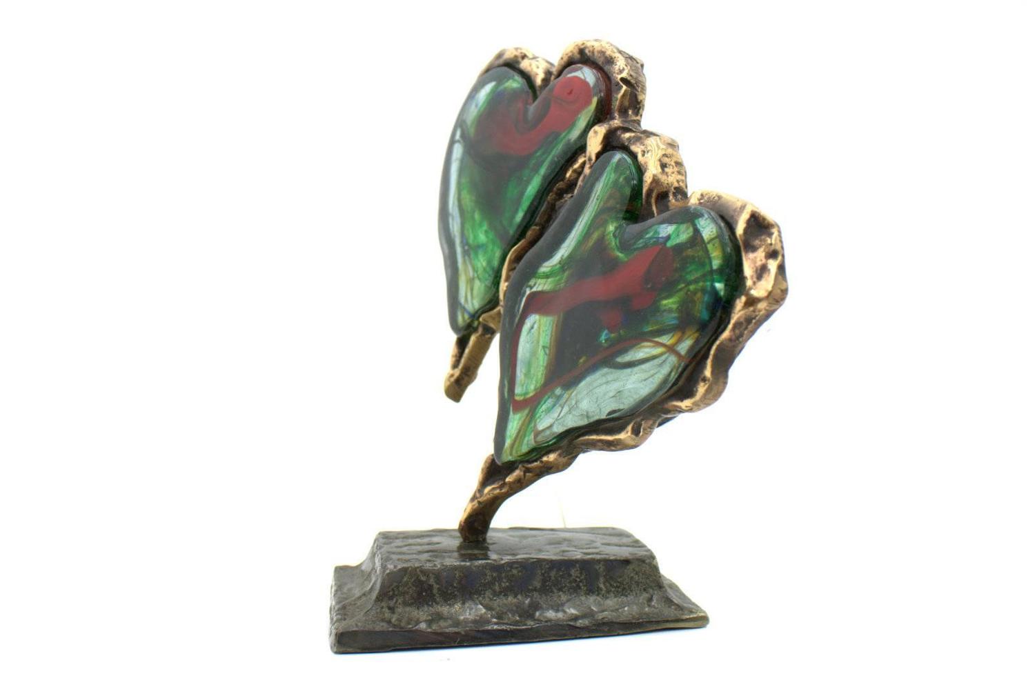 Yves Lohe Glass Sculpture Two Hearts, Glass and Bronze at 1stdibs