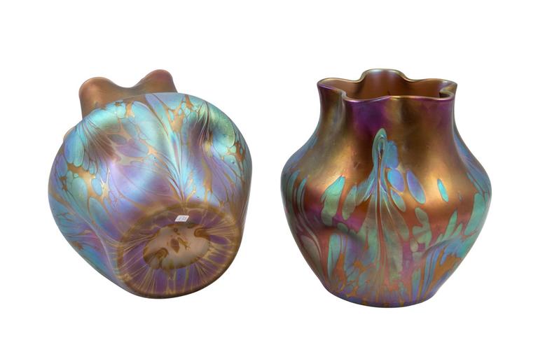 Loetz, Pair of Vases, Medici Decoration with Unusual Shape, circa 1902 ...