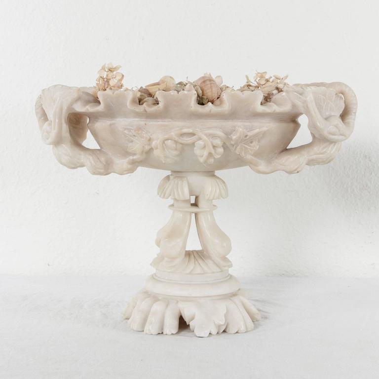 20th Century French Hand-Carved Alabaster Compote with Swans and ...