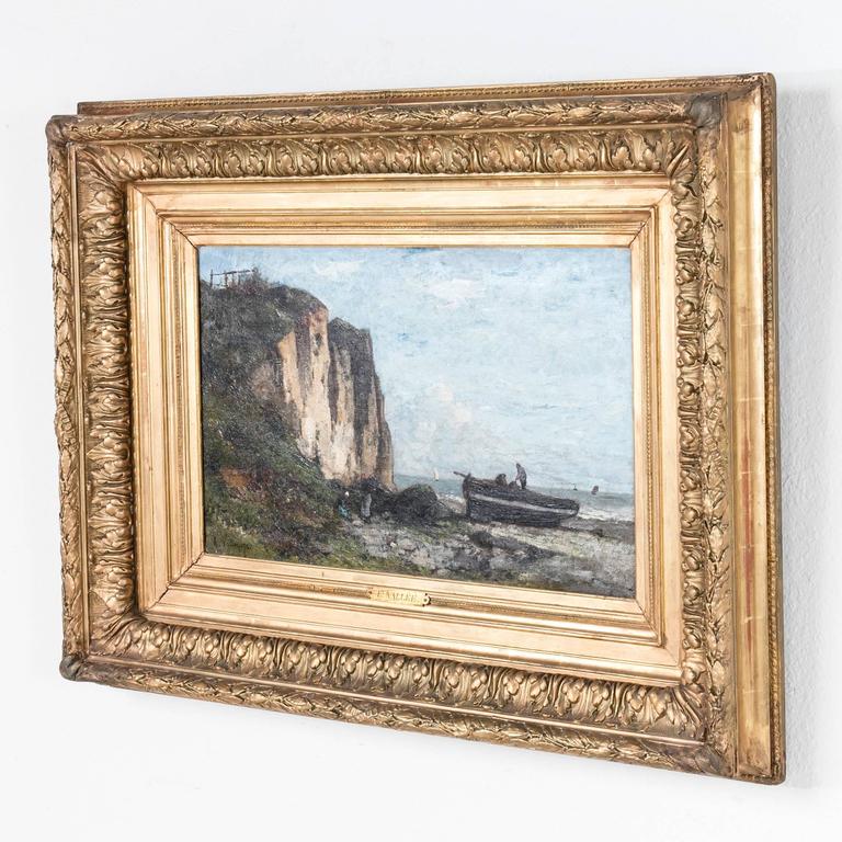 19th Century Oil on Canvas Cliffside Seascape by Etienne Vallee in Museum Frame at 1stDibs