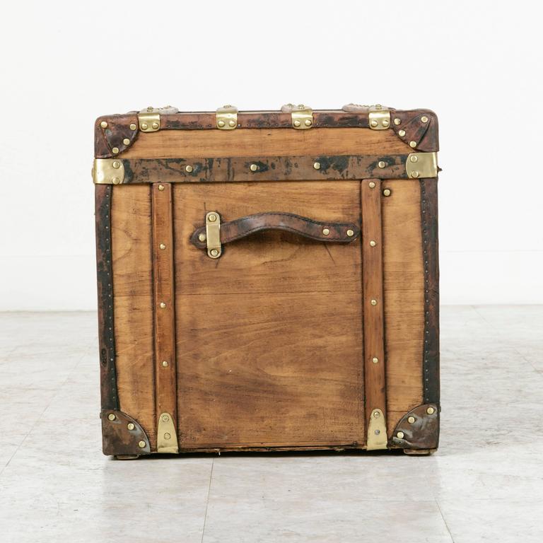 Antique French Traveling Steam Trunk of Wood, Brass, Leather and Iron ...