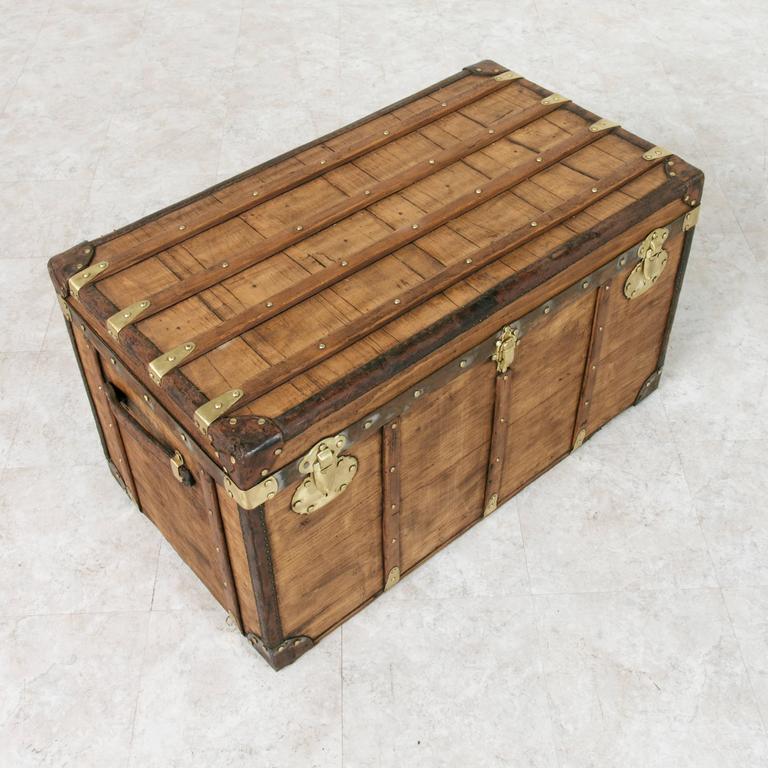 Antique French Traveling Steam Trunk of Wood, Brass, Leather and Iron ...