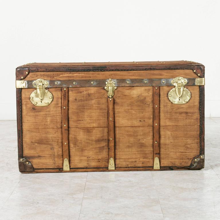 Antique French Traveling Steam Trunk of Wood, Brass, Leather and Iron ...
