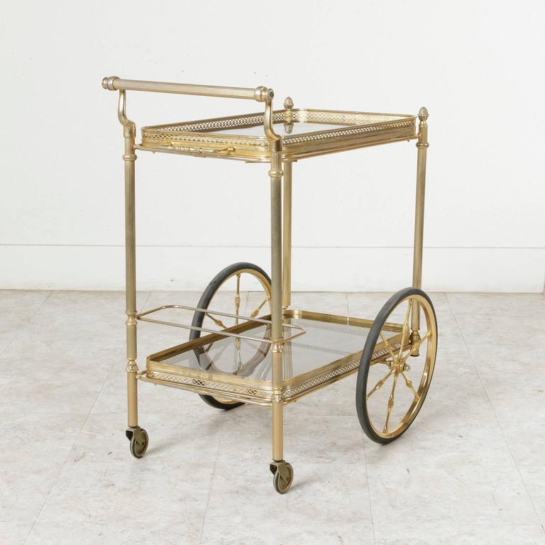 French Mid-Century Brass Bar Cart with Removable Glass Trays and Bottle ...