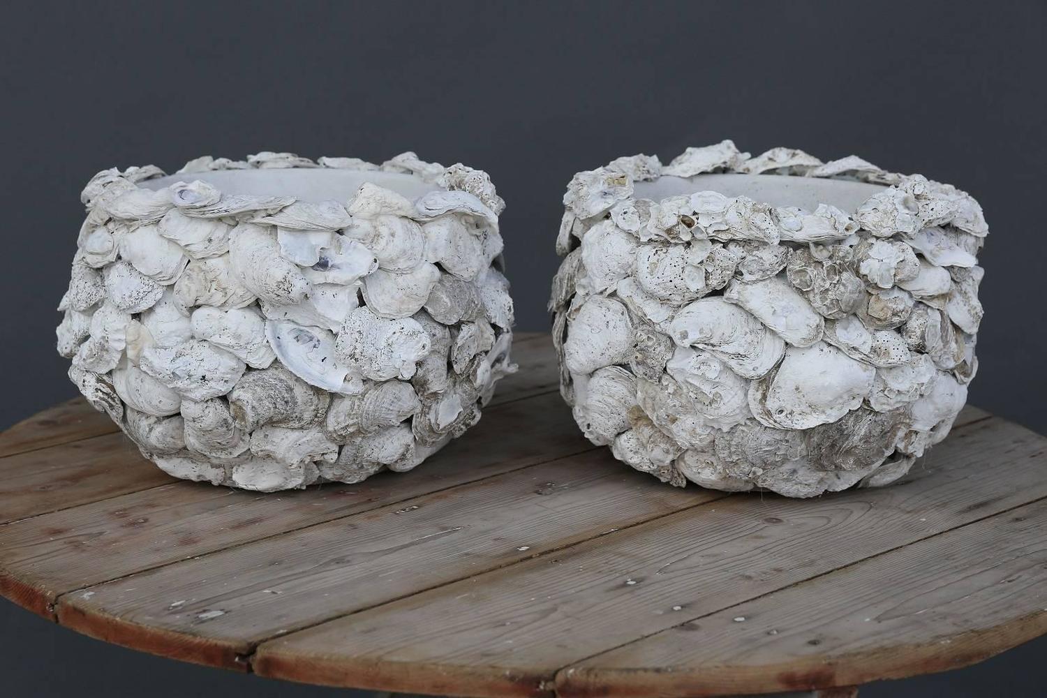 Pair of Oyster Shell Covered Cache Pots For Sale at 1stdibs