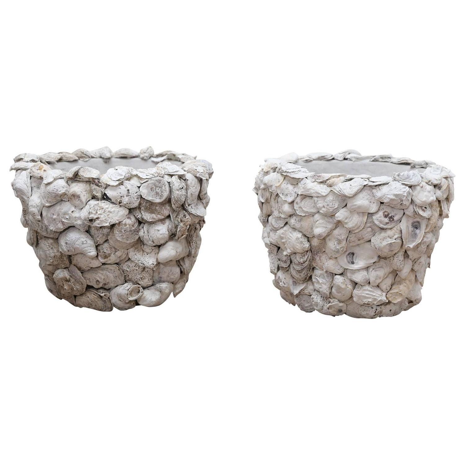 Pair of Oyster Shell Covered Cache Pots For Sale at 1stdibs