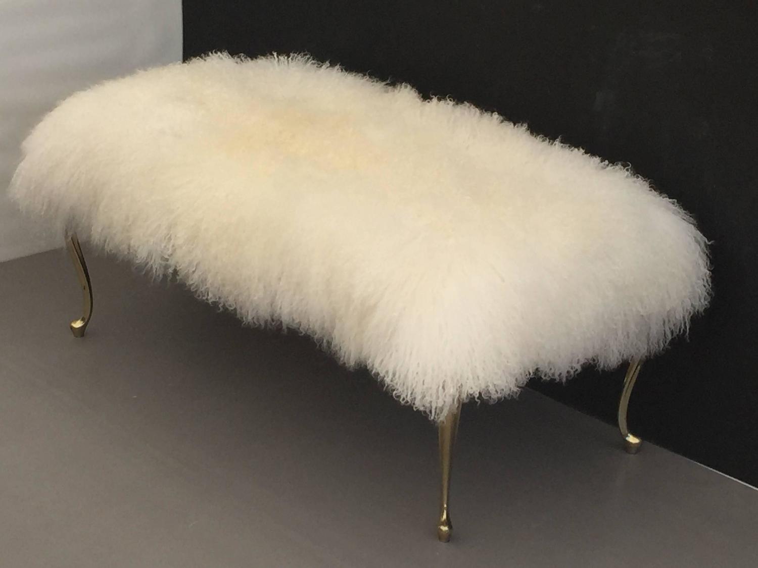 Mongolian Lamb Wool Bench Footrest with Cabriolet Brass Legs For Sale ...