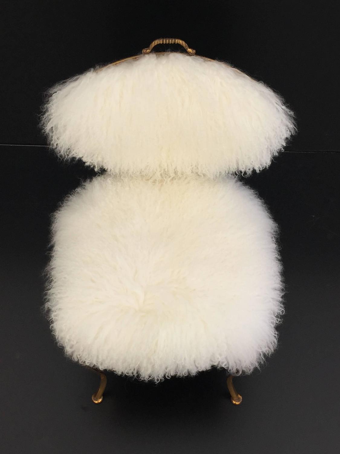 Pair of Brass Thinline Chairs in Mongolian Fur with Fleur-de-Lis Design ...