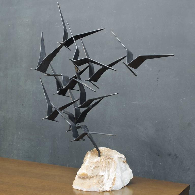 Birds in Flight Kinetic Sculpture on White Onyx Stone by Curtis Jere at ...
