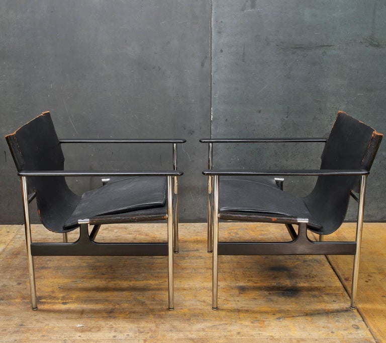 Pair of Black Leather Chrome Sling Chairs by Charles Pollack Knoll ...