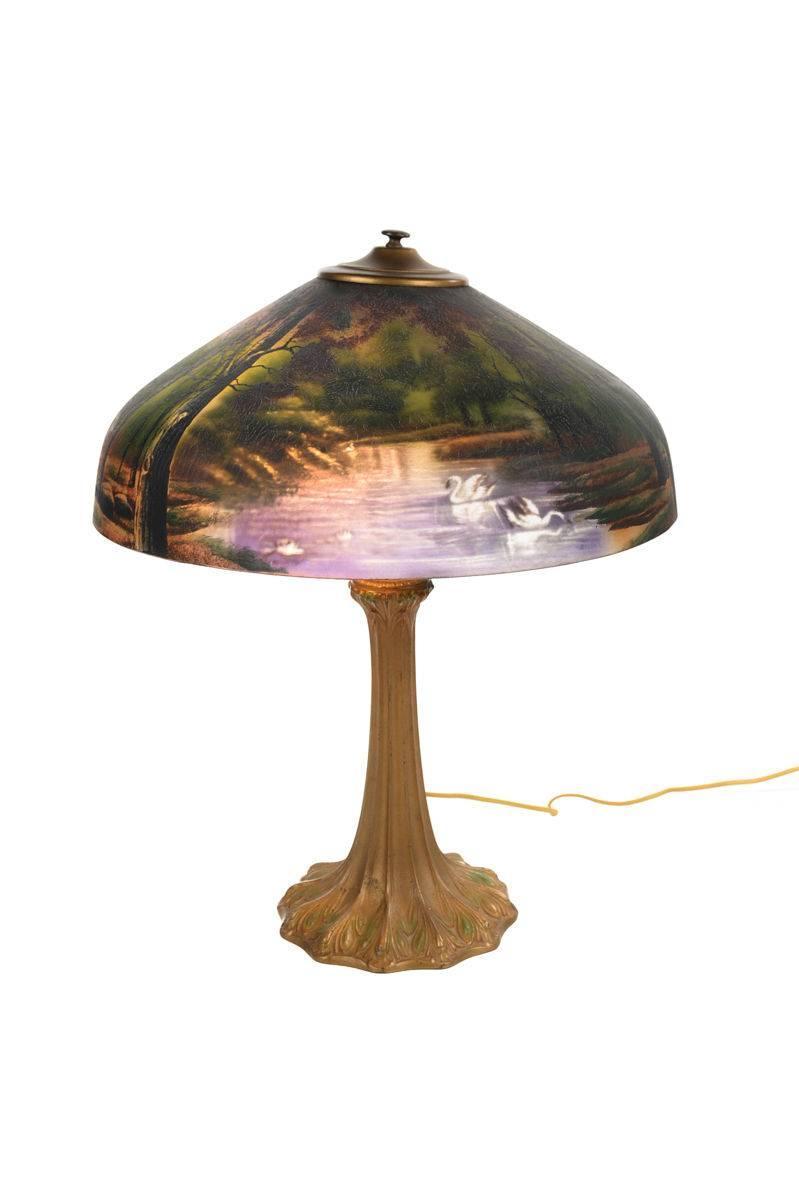 Art Nouveau Antique Reverse Painted Lamp w/Bronze Base c.1900s at 1stdibs