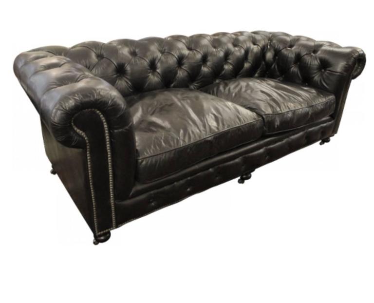 Large Ralph Lauren Black Leather Tufted Cigar Couch For Sale at 1stDibs