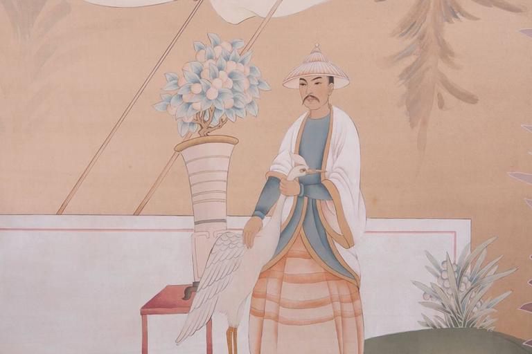 Long Vintage Screen in Chinoiserie with Four Painted Panels of Chinese ...