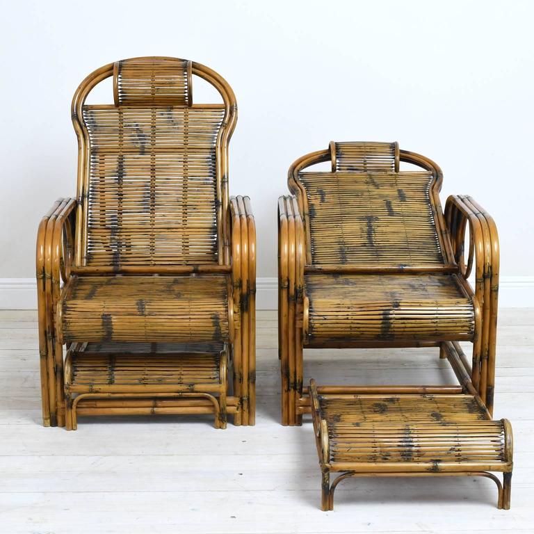 Pair of Bamboo Lounge Chairs with Sliding Foot Rests, French Indochina ...