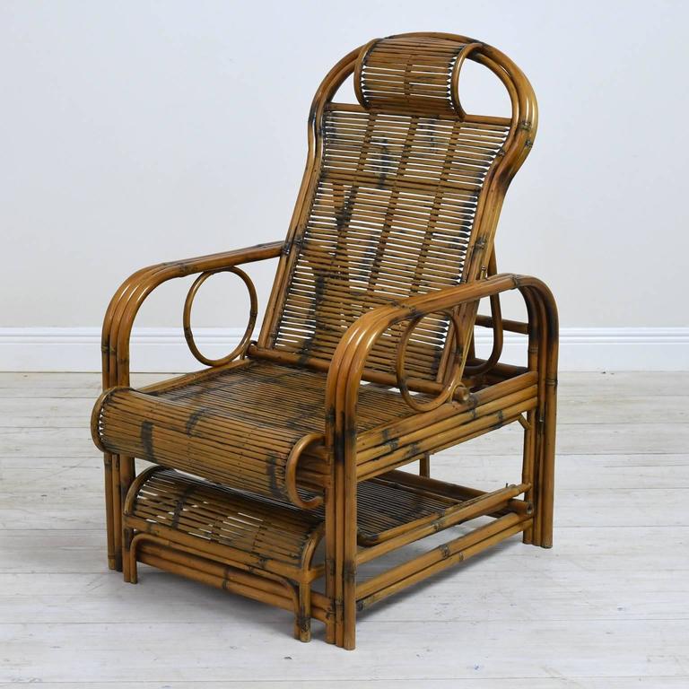 Pair of Bamboo Lounge Chairs with Sliding Foot Rests, French Indochina ...