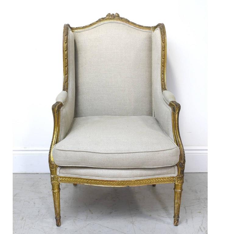 18th Century French Louis XVI Giltwood Bergère or Wingback Chair with ...