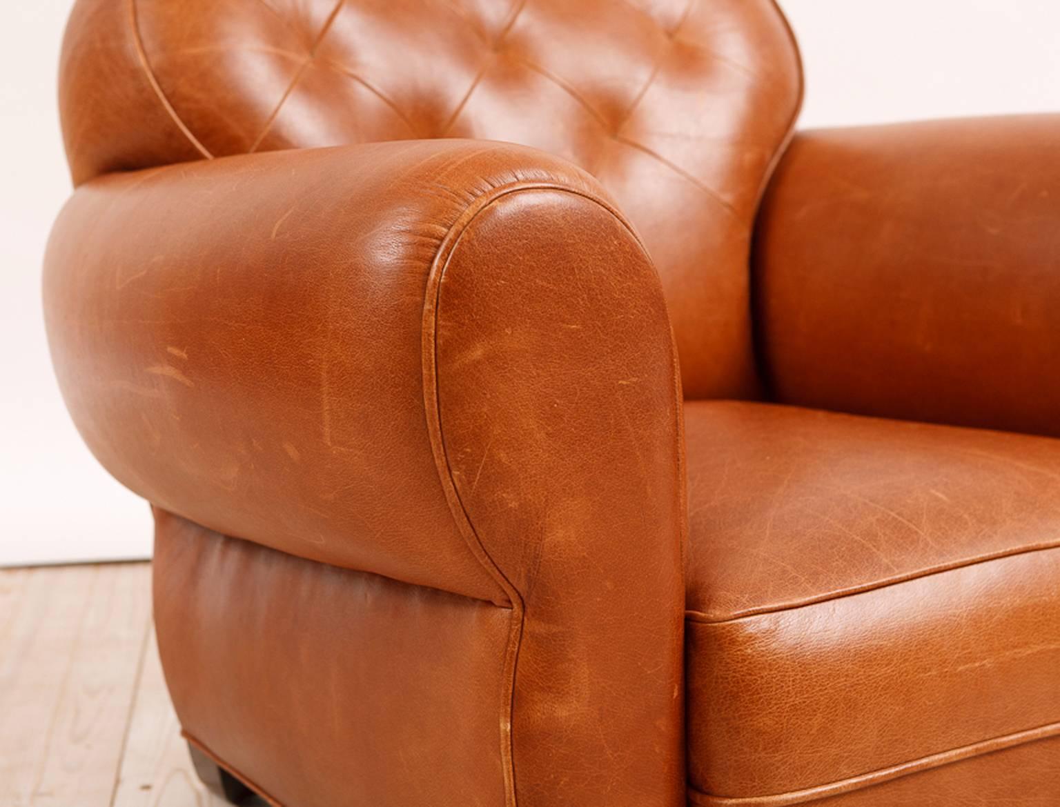 Custom Made Art Deco Style Buffalo Hide Leather Club Chair with Tufted ...