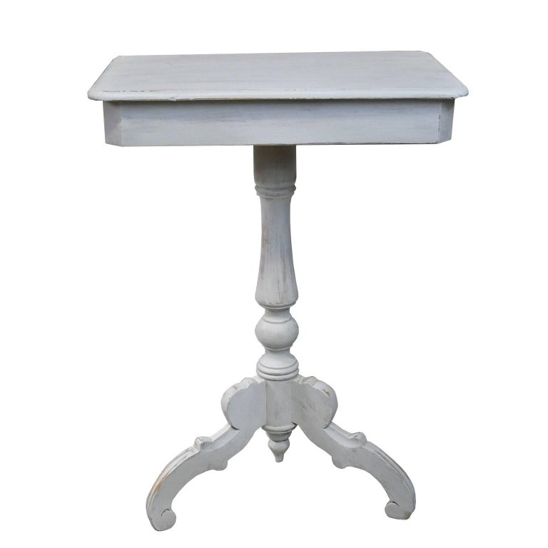 Swedish Gustavian End Table on Tri-foot Pedestal w/ Grey/White Paint, c ...