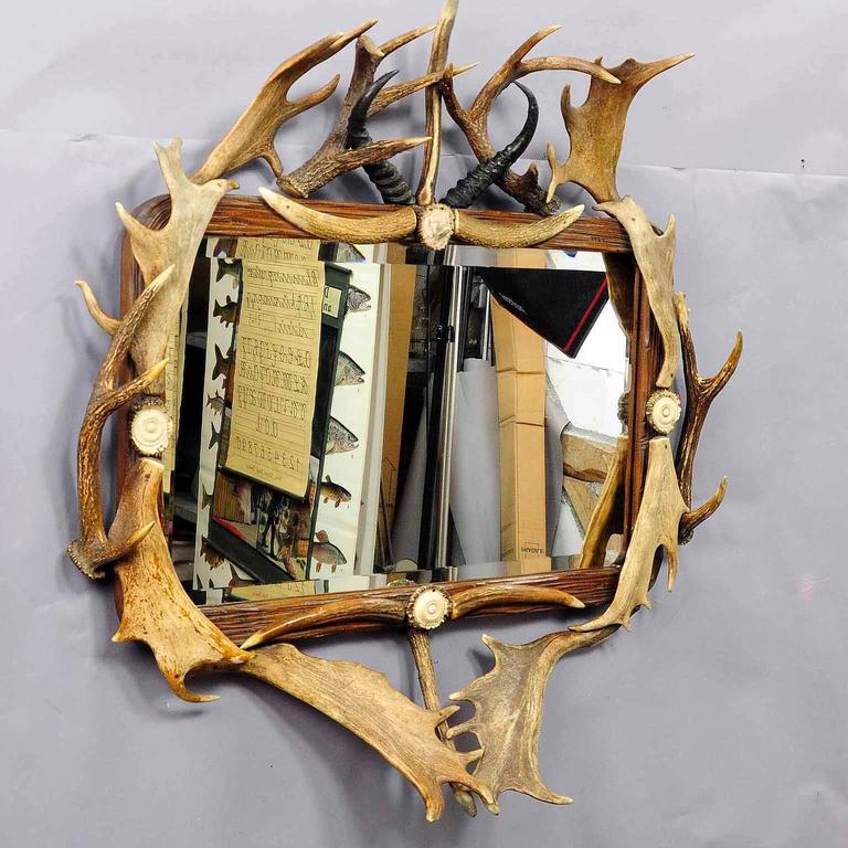 Antique Antler Frame with Rustic Antler Decorations and Mirror at 1stDibs