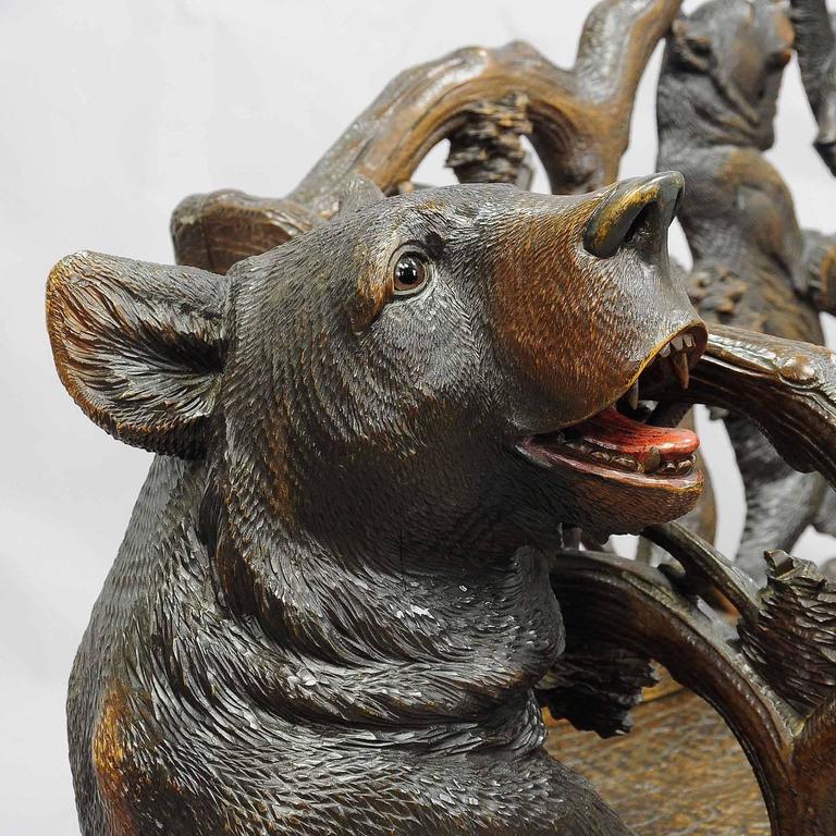 Antique Carved Wood Bear Bench, Swiss Brienz, circa 1900 at 1stDibs