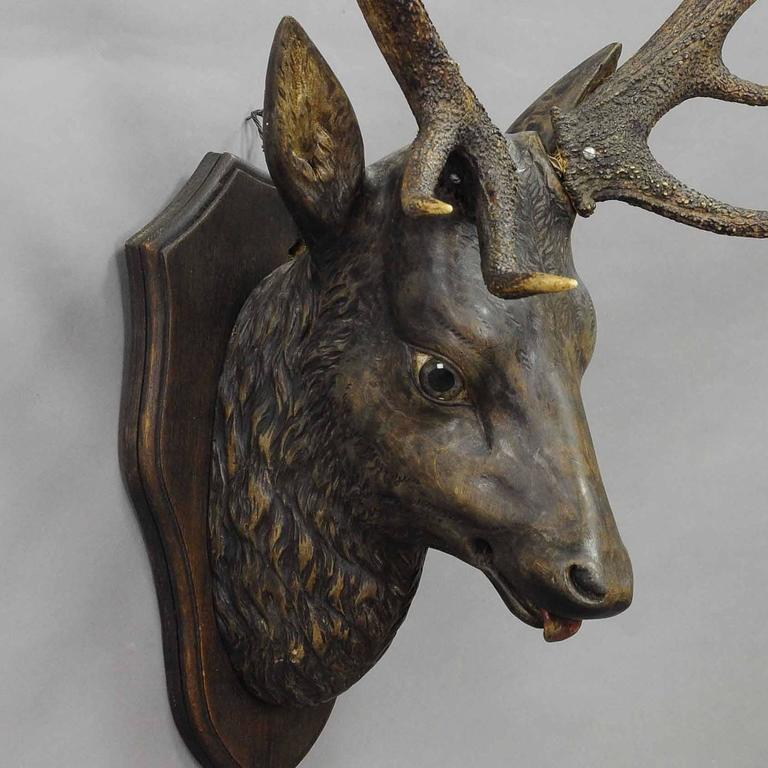 Antique Wooden Carved Stag Head with Real Antlers at 1stDibs