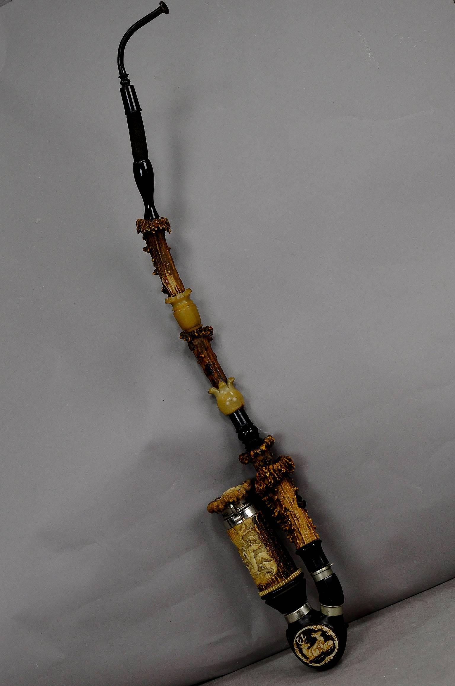 Carved Horn Hunter's Pipe Attributed to Lebrecht Schulz at 1stDibs