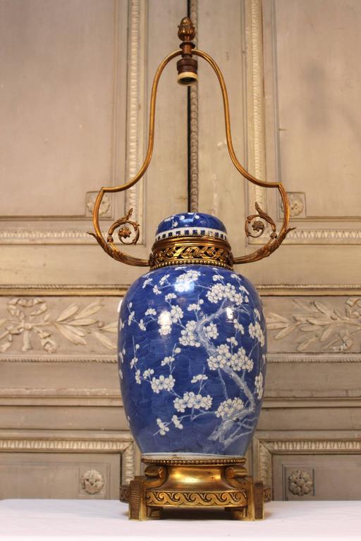 A Chinese Blue and White Porcelain Lamp Base with French Bronze Mounts ...