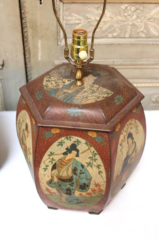 Pair of Chinese Painted Tin Tea Containers, Mounted as Lamps at 1stDibs