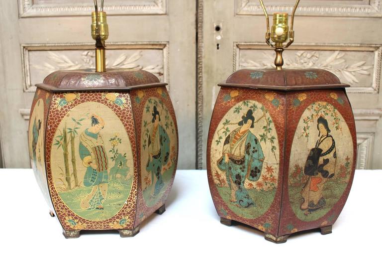 Pair of Chinese Painted Tin Tea Containers, Mounted as Lamps at 1stDibs