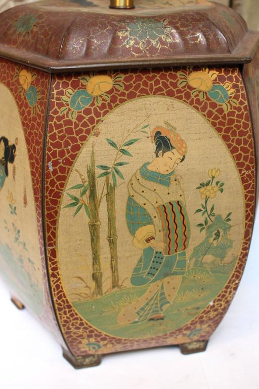 Pair of Chinese Painted Tin Tea Containers, Mounted as Lamps at 1stDibs