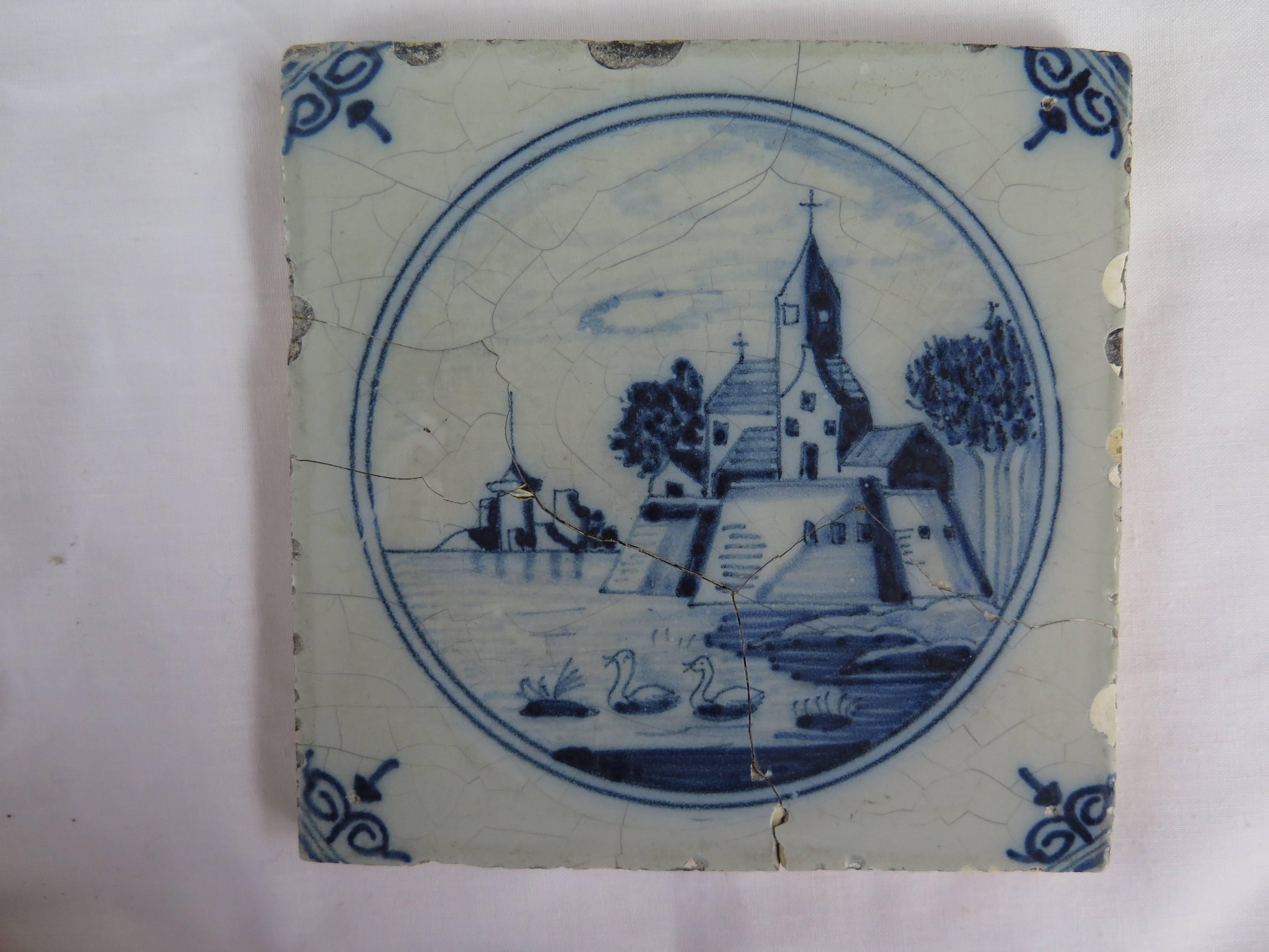 18th C, FOUR Dutch DELFT TILES, Three Blue and White, One Manganese ...