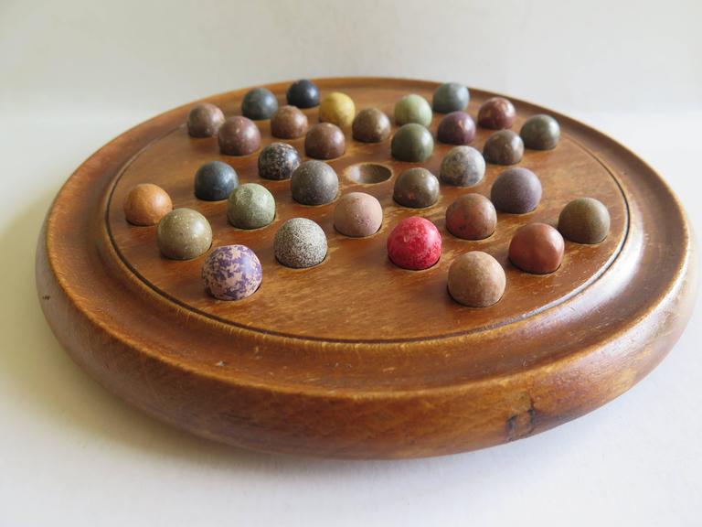 19th Century Marble Solitaire Board Game, with 32 Handmade Marbles ...