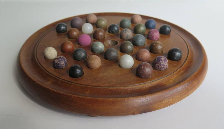 19th Century Marble Solitaire Board Game, with 32 Handmade Marbles ...