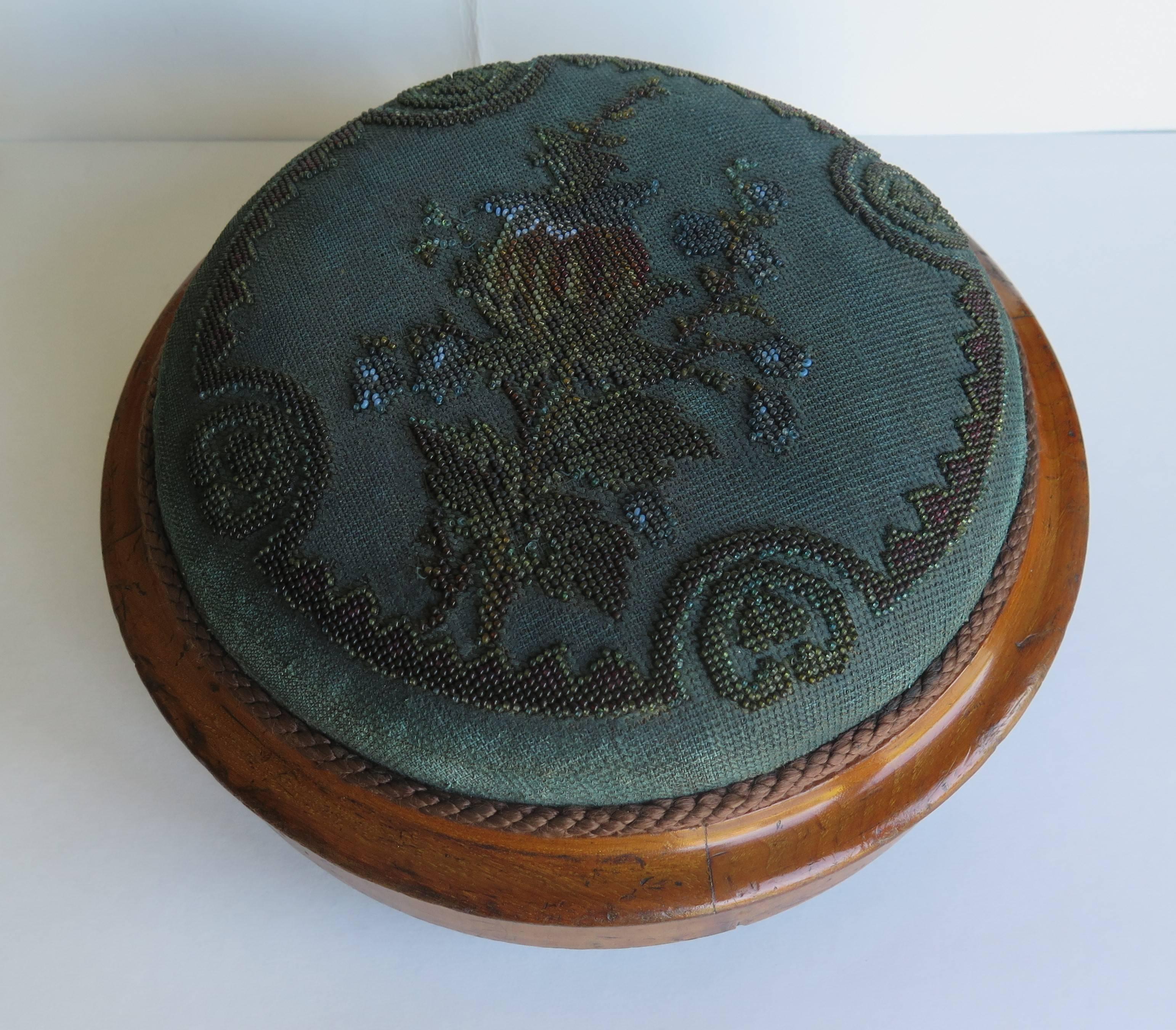 Mid-Victorian, Hand Beaded Foot Stool, Walnut, Bun Feet, English, circa ...