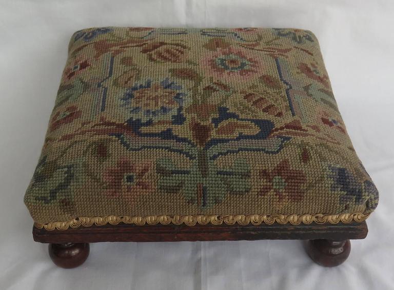 Late Victorian Footstool Oak with Bun Feet Tapestry top, English Circa ...