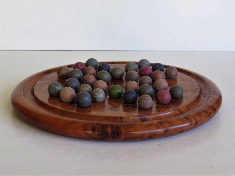Marble Solitaire Board Game with 32 Early Handmade Stone Marbles, Ca ...
