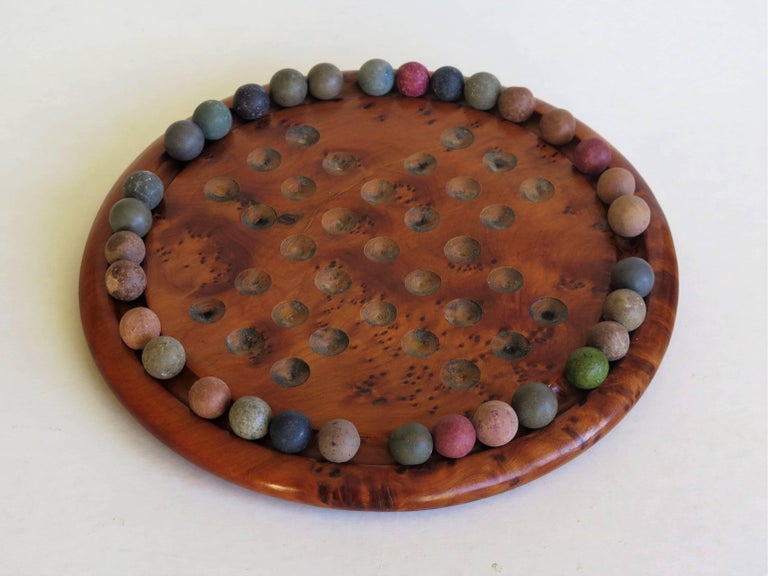 Marble Solitaire Board Game with 32 Early Handmade Stone Marbles, Ca ...
