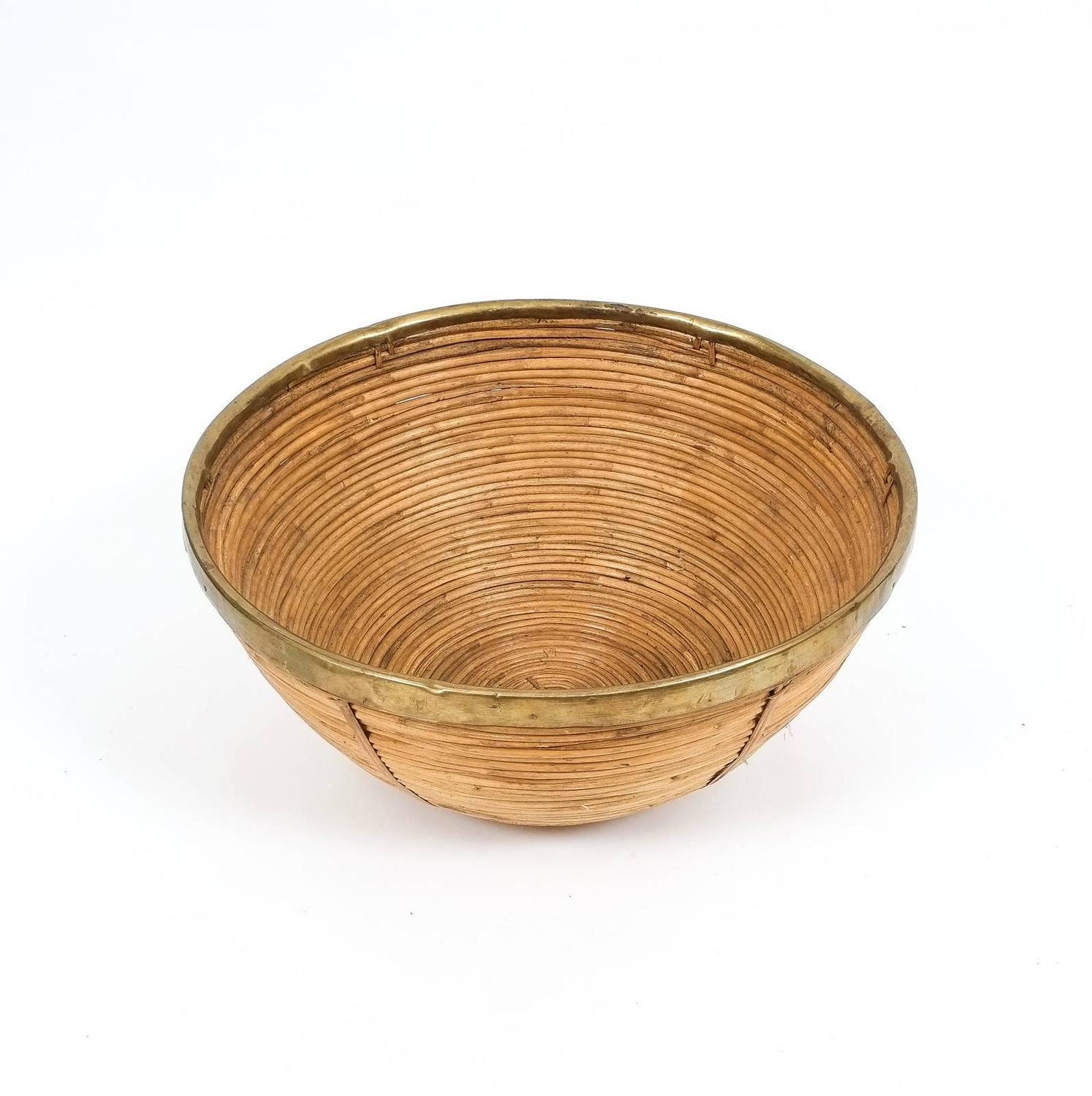 Pair of Large Decorative Mid-Century Brass and Rattan Bowls at 1stdibs
