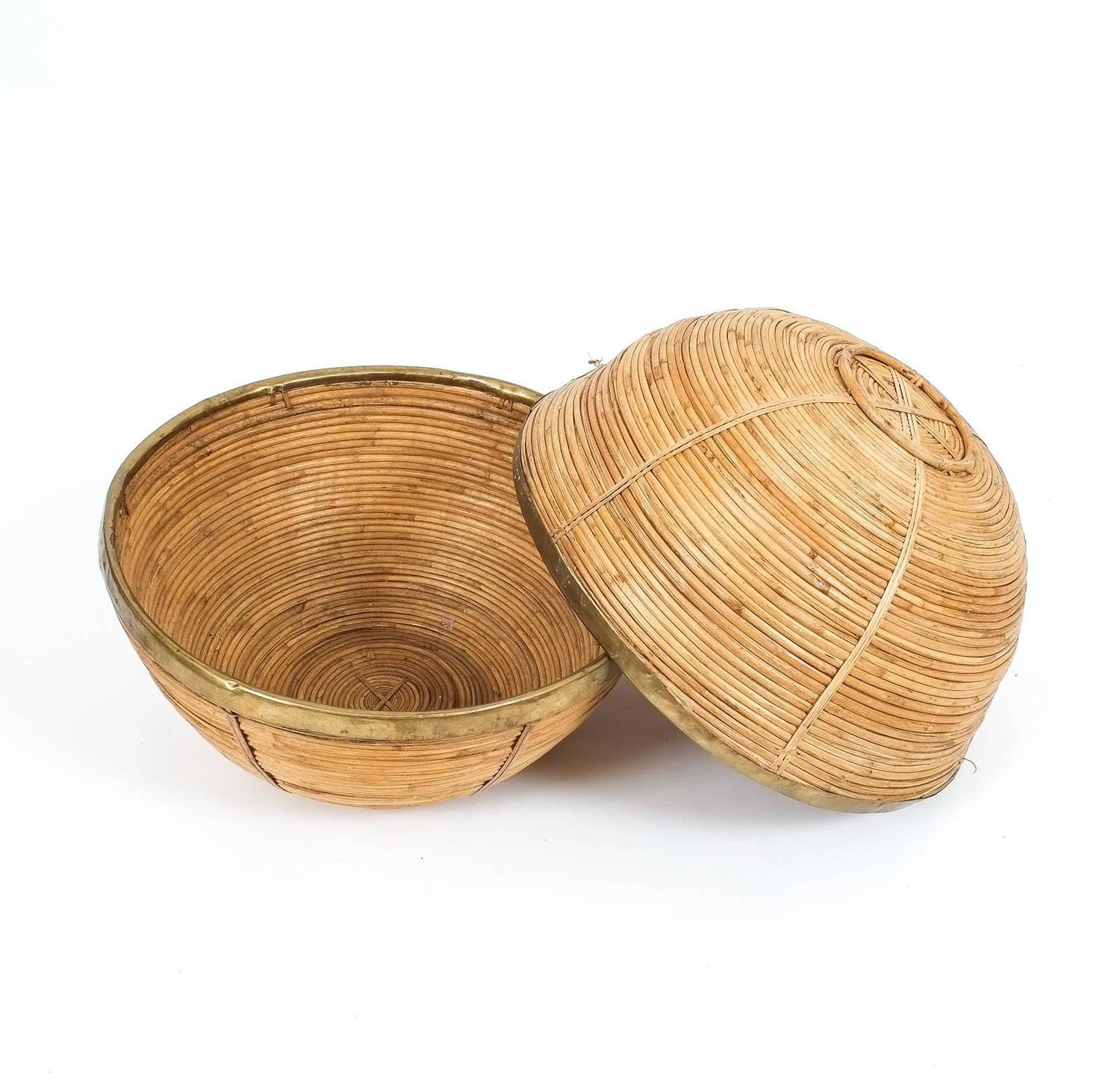 Pair of Large Decorative Mid-Century Brass and Rattan Bowls at 1stdibs