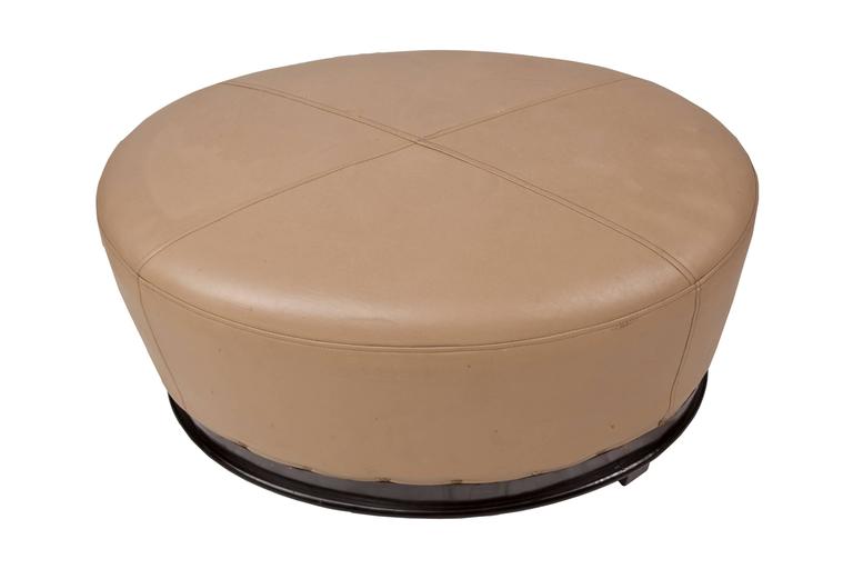Pair of Mid-Century Modern Tan Leather and Mahogany Ottomans at 1stDibs