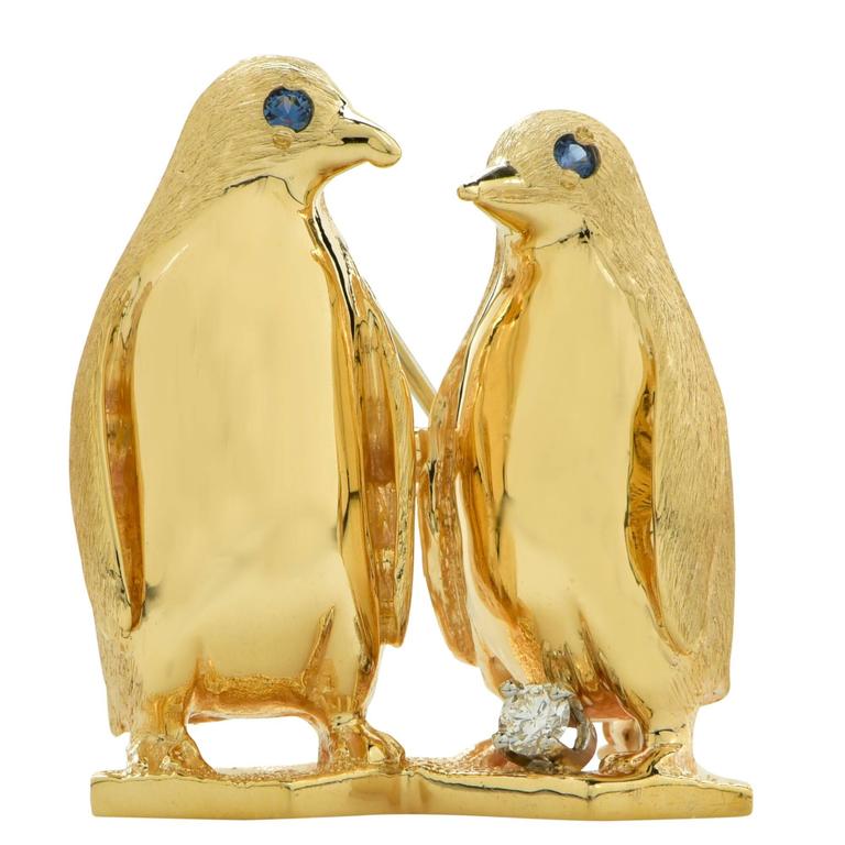 Sapphire Gold Penguin Brooch at 1stDibs | gold penguins, penguin gold