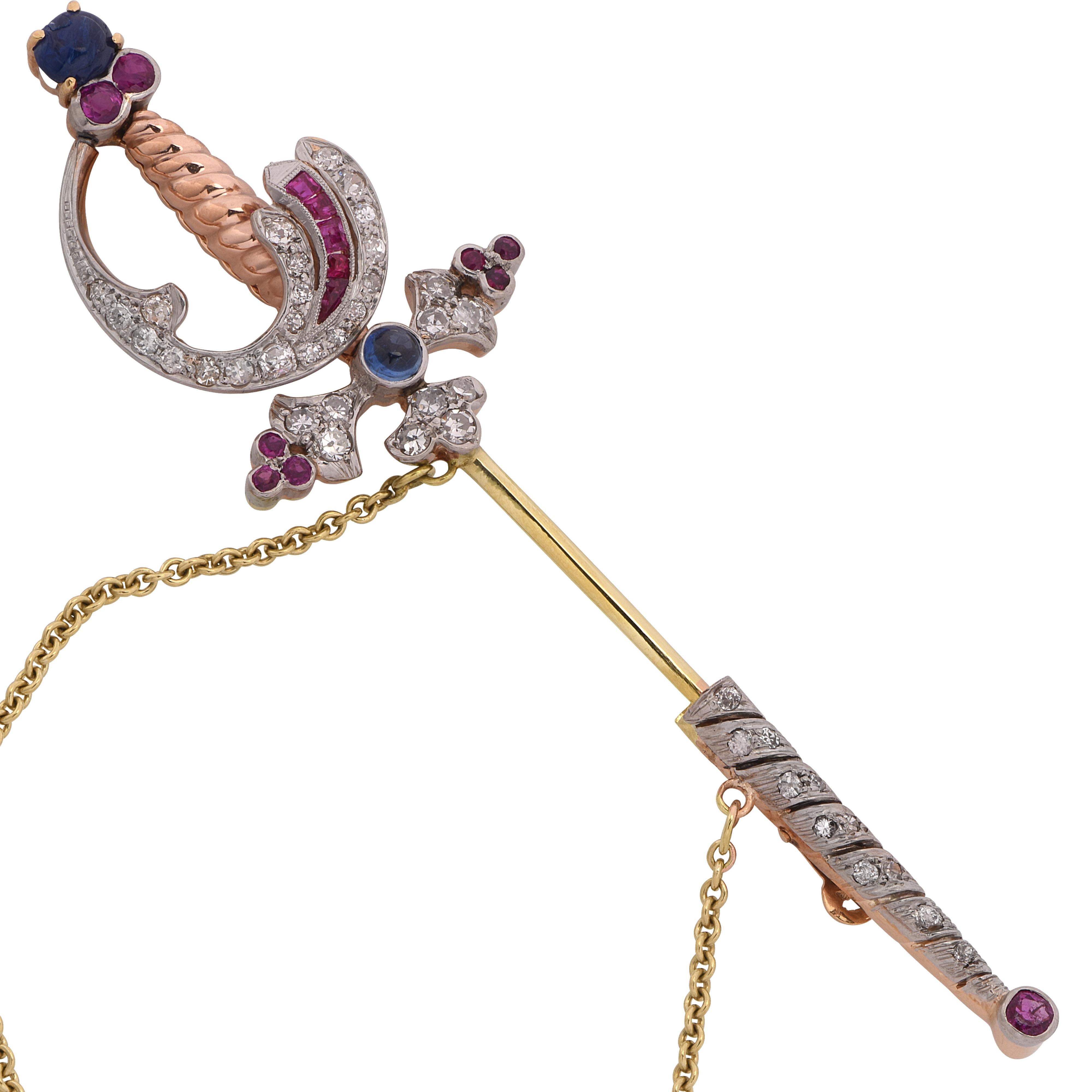 Victorian Diamond, Ruby and Sapphire Sword Brooch at 1stDibs