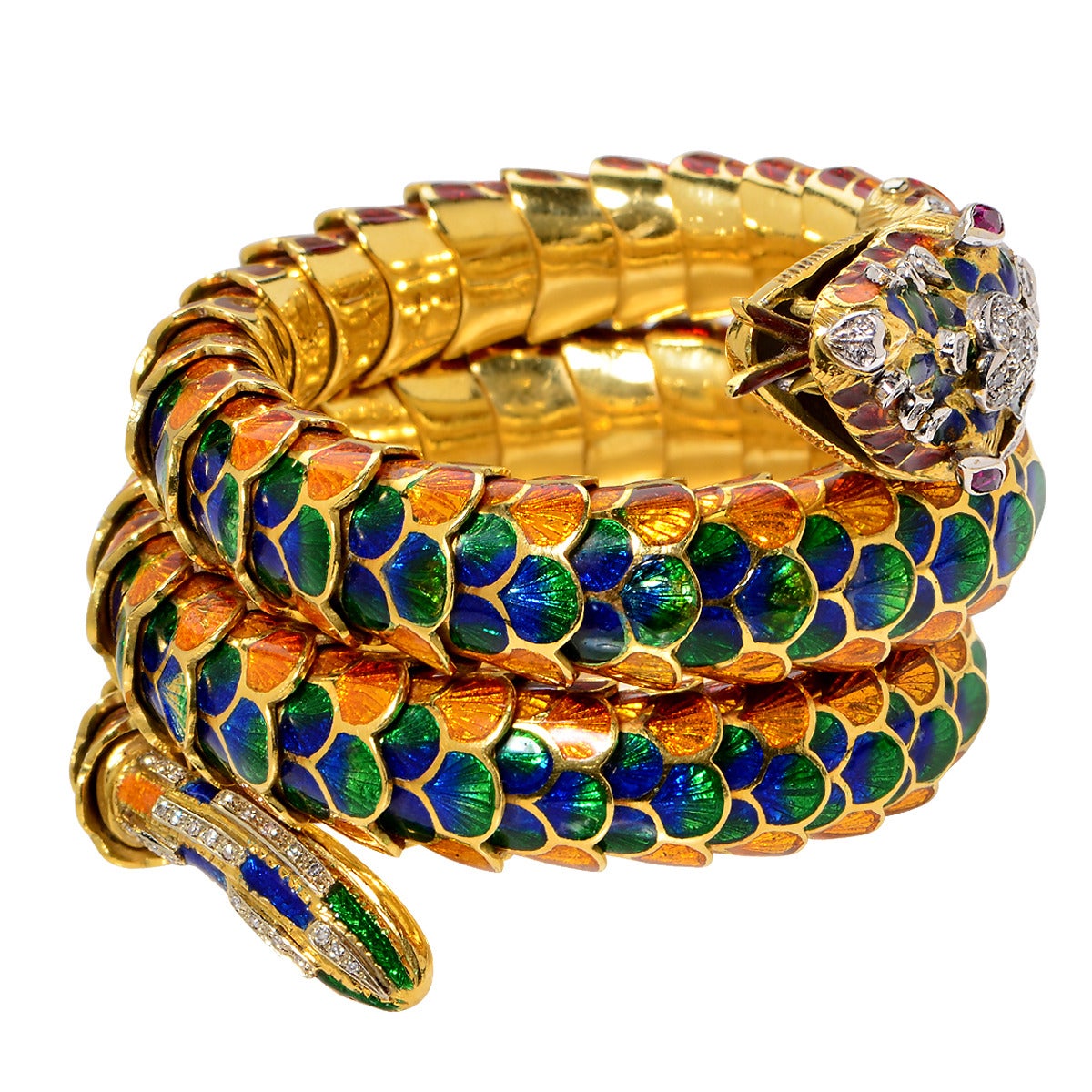Enamel Diamond Gold Snake Bracelet at 1stDibs