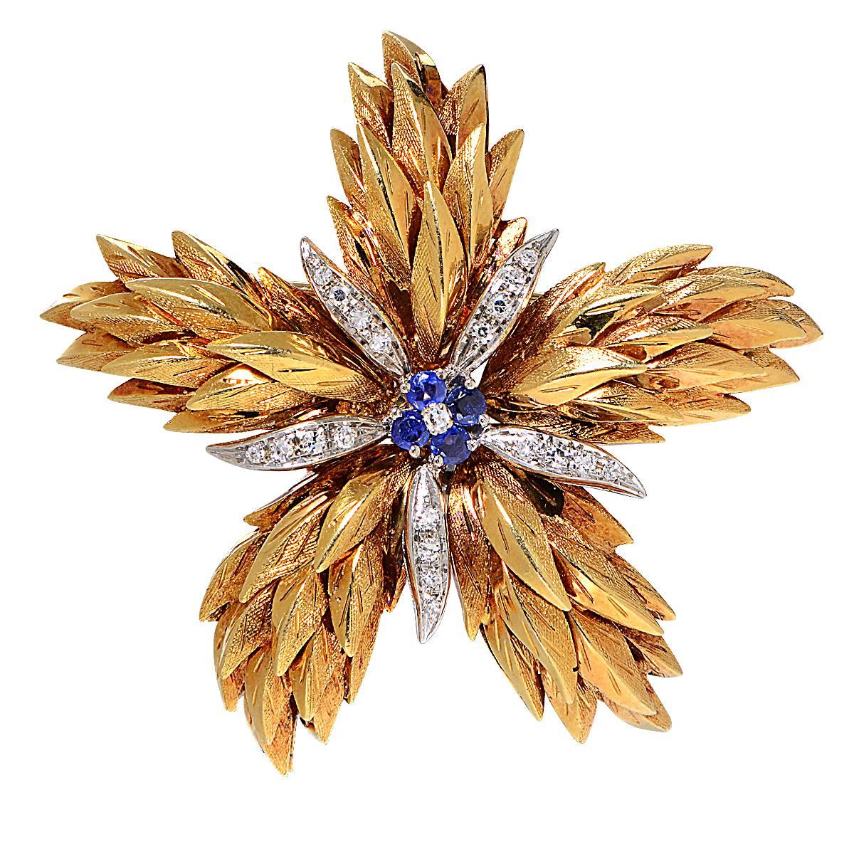 Tiffany and Co. Sapphire Diamond Gold Star Burst Pin at 1stDibs