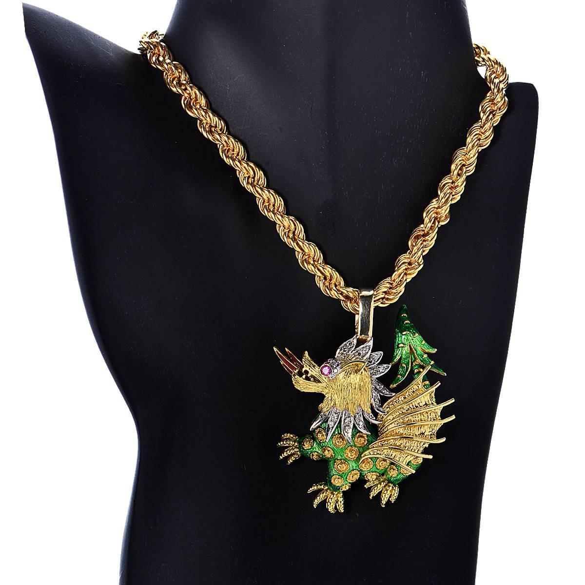 Enamel Diamond Gold Dragon Necklace and Brooch For Sale at 1stdibs