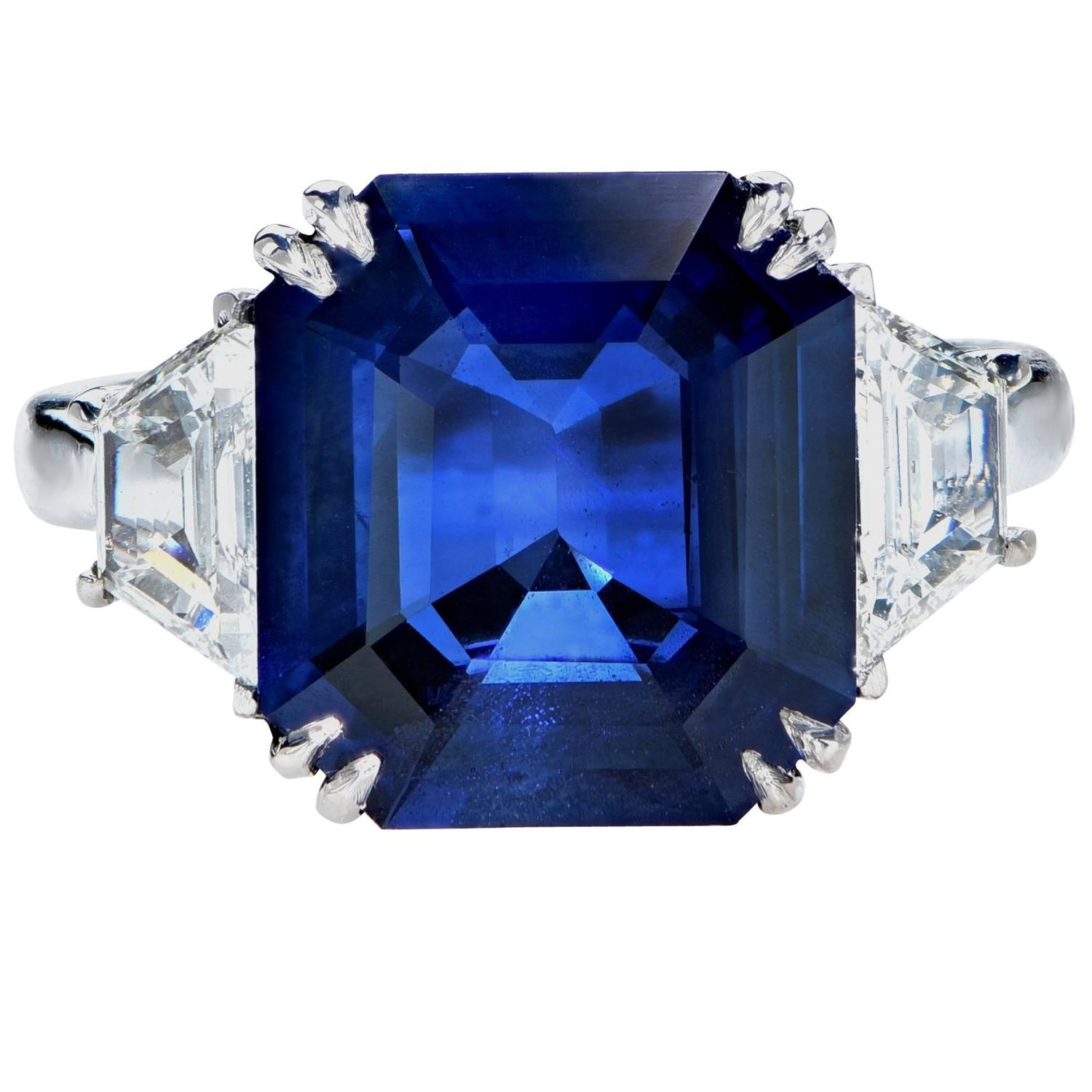 8.24 Carat Natural Deep Blue Step Cut Sapphire Diamond Platinum Ring at ...