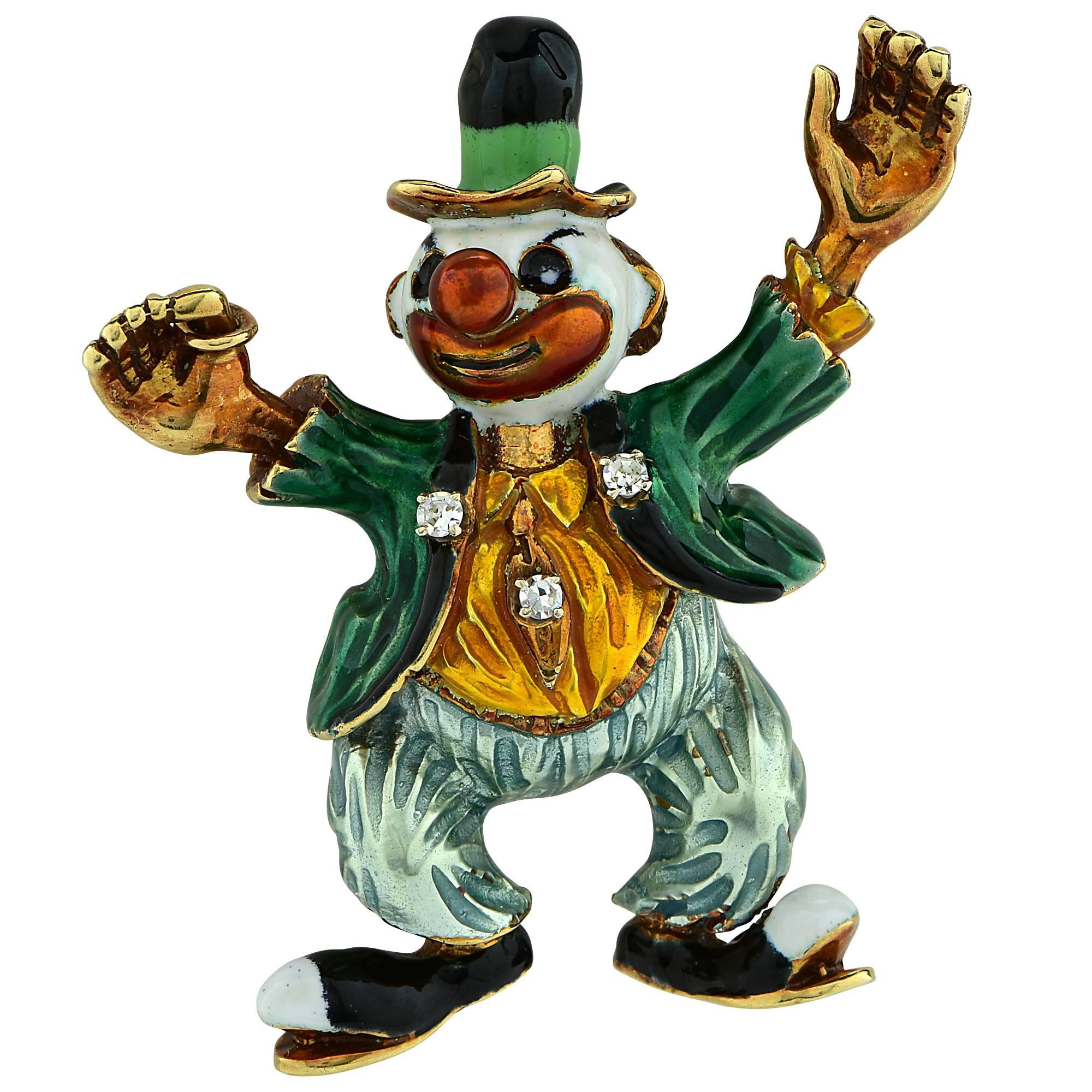 Enamel Diamond Gold Clown Brooch at 1stDibs