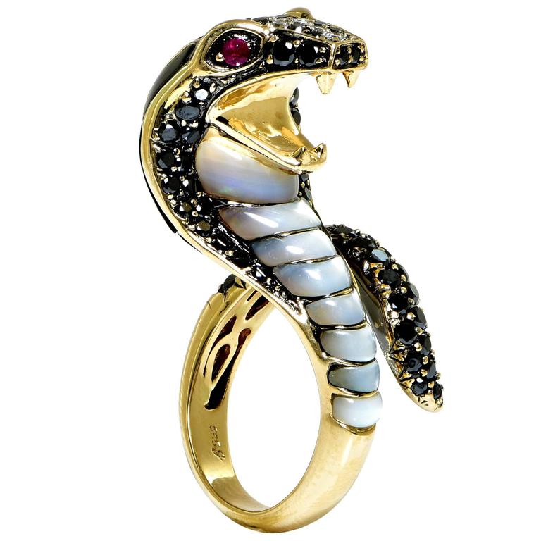 Diamond Abalone Mother-of-Pearl Yellow Gold Cobra Snake Ring at 1stDibs ...